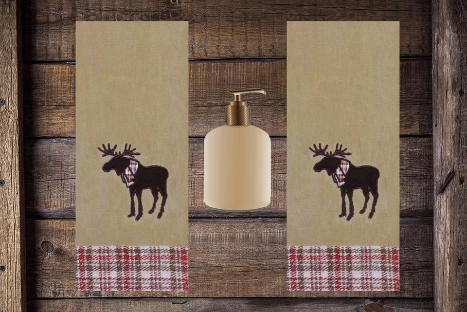 Moose Bath Tan Hand Towels, 2 Piece, Appliqued Embroidery Plaid Border ...