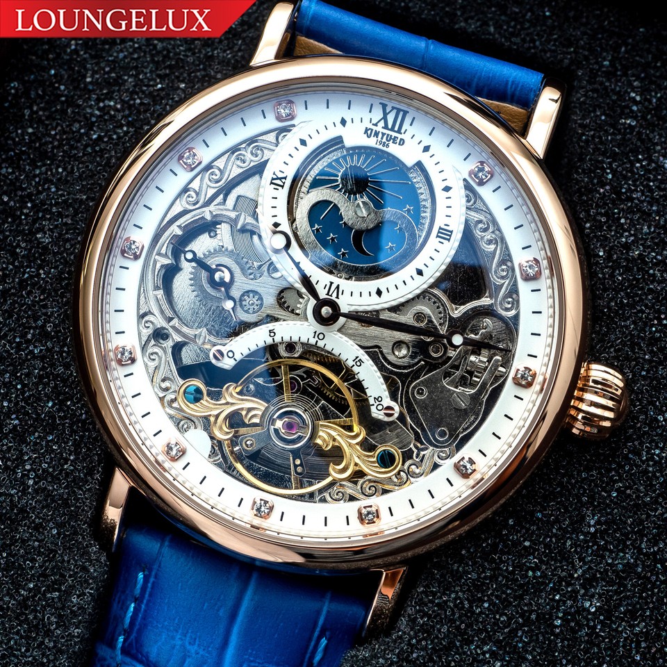 Mens Dual Time Flywheel Automatic Mechanical Watch Rose Gold Blue ...