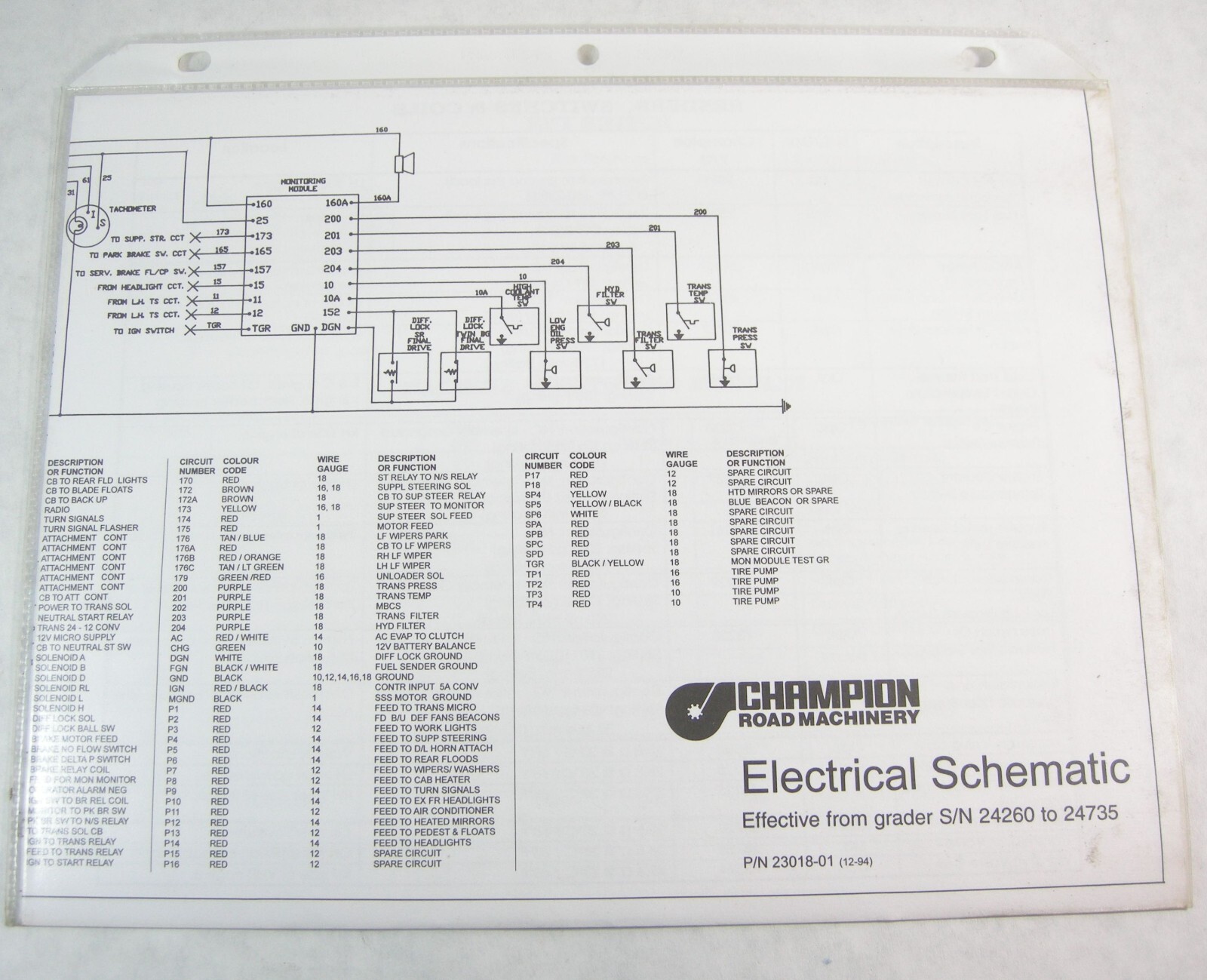CHAMPION Motor Grader Electrical Schematic Diagram Foldout S/N 24260 to ...