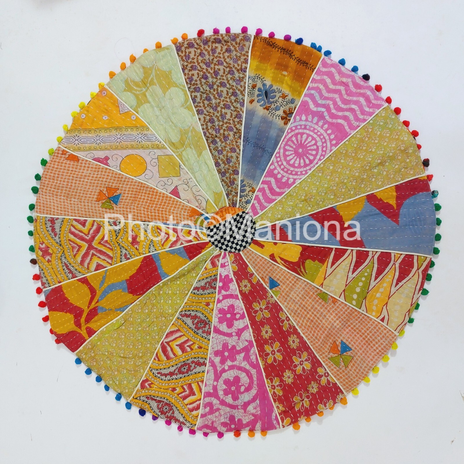 Kantha Patchwork Roundie Pom Pom Patches circumference with pom pom 36 Inch | eBay
