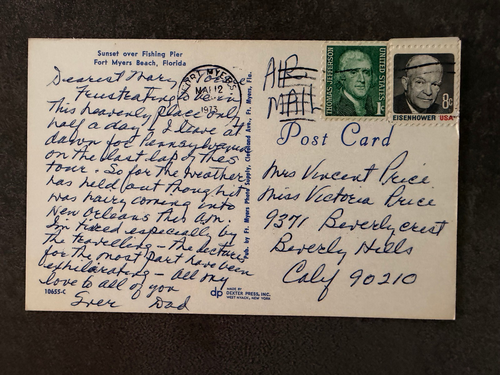 Vincent Price Estate: Vincent Price Postcard to Family - Fort Myers ...
