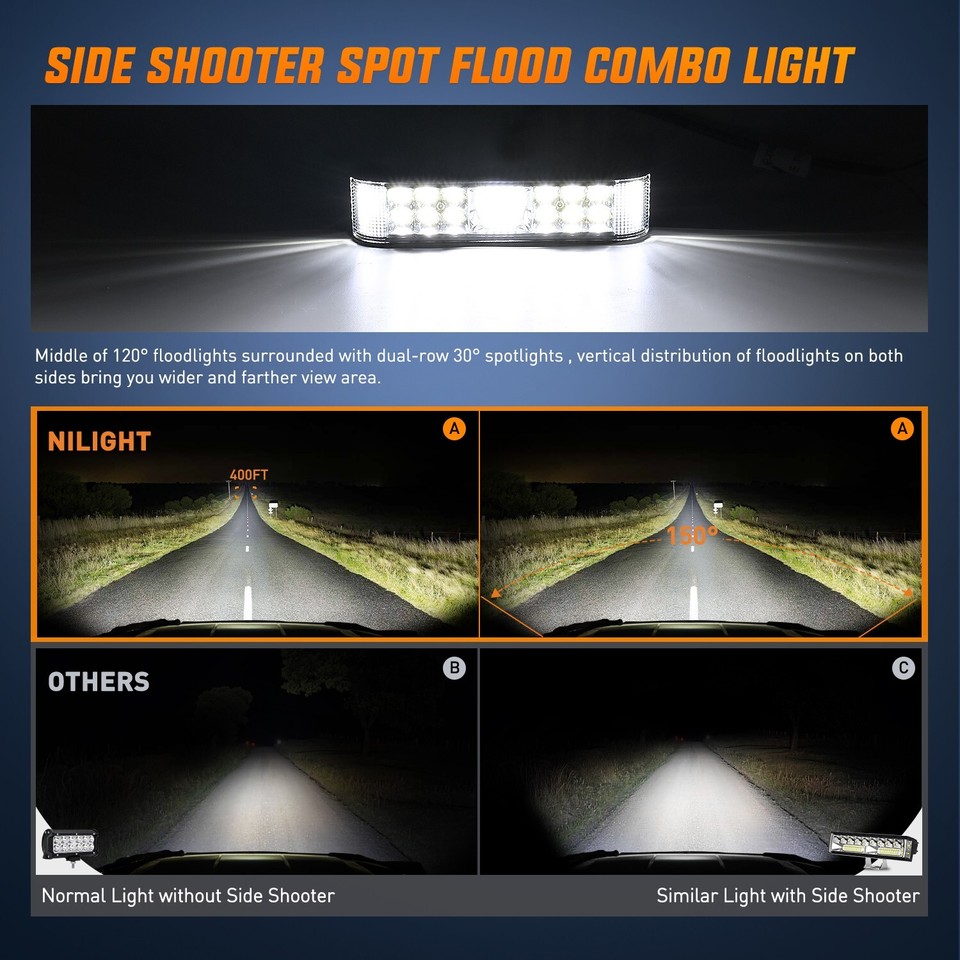 Nilight Side Shooter LED Light Bar 2PCS 6.5 Inch 60W Flood Spot Beam ...