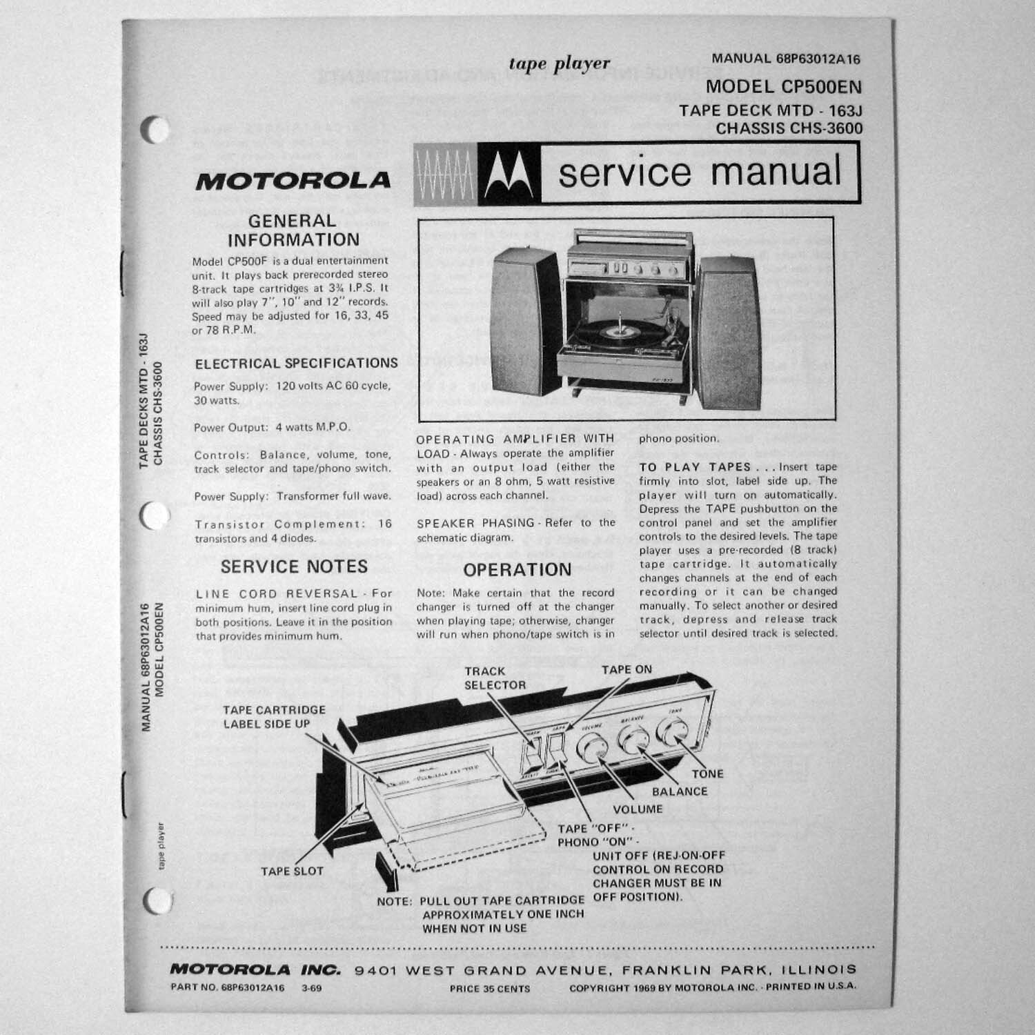 Motorola ® Model CP500EN MTD-163J Record Player 8 Track Service Manual ...