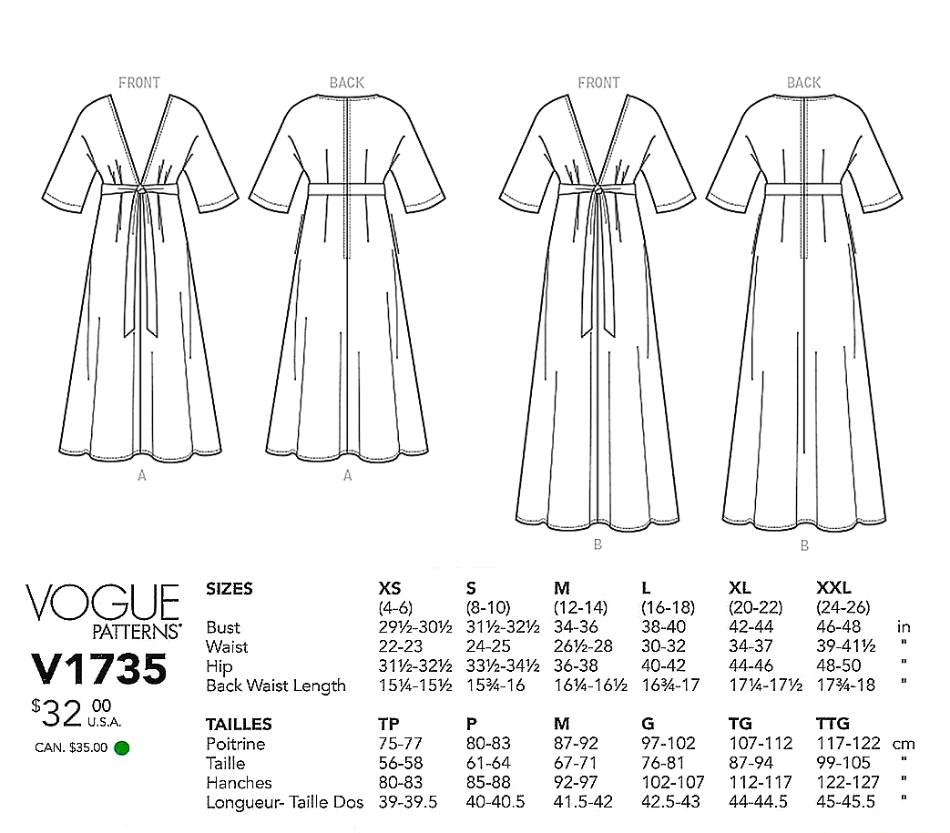 Vogue V1735 4-14 Sewing Pattern Ladies Lounging Dress Kimono Tie Front ...