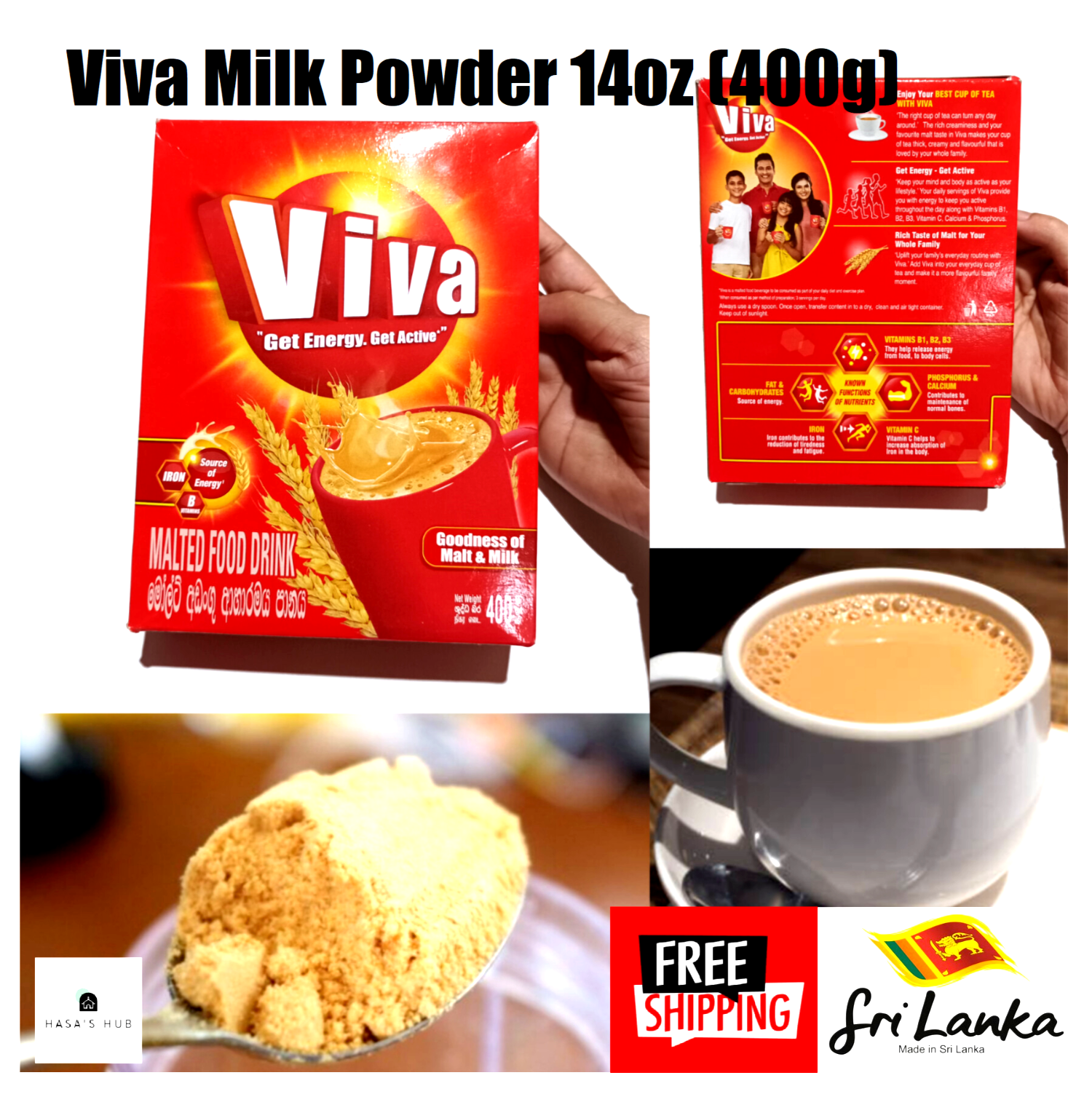 Viva Milk Powder Energy Food Drink Pack 14oz (400g) Malt Tea Ceylon ...