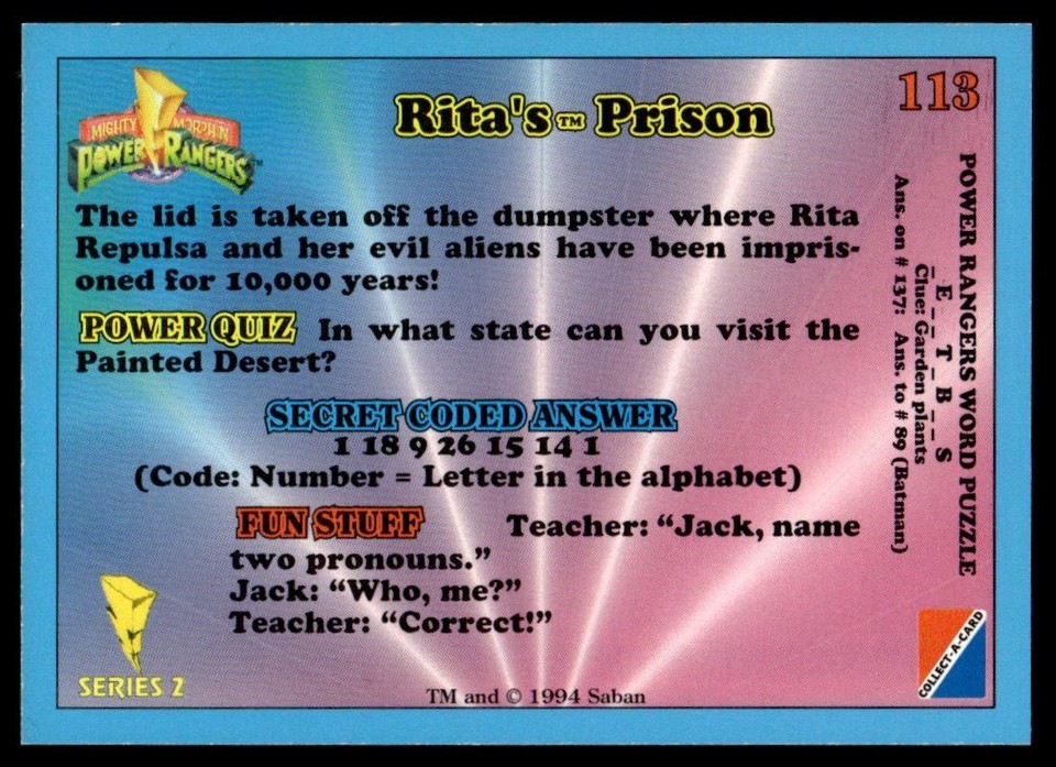 1994 Collect-A-Card Power Rangers Series 2 II RITA'S PRISON #113 Retail ...