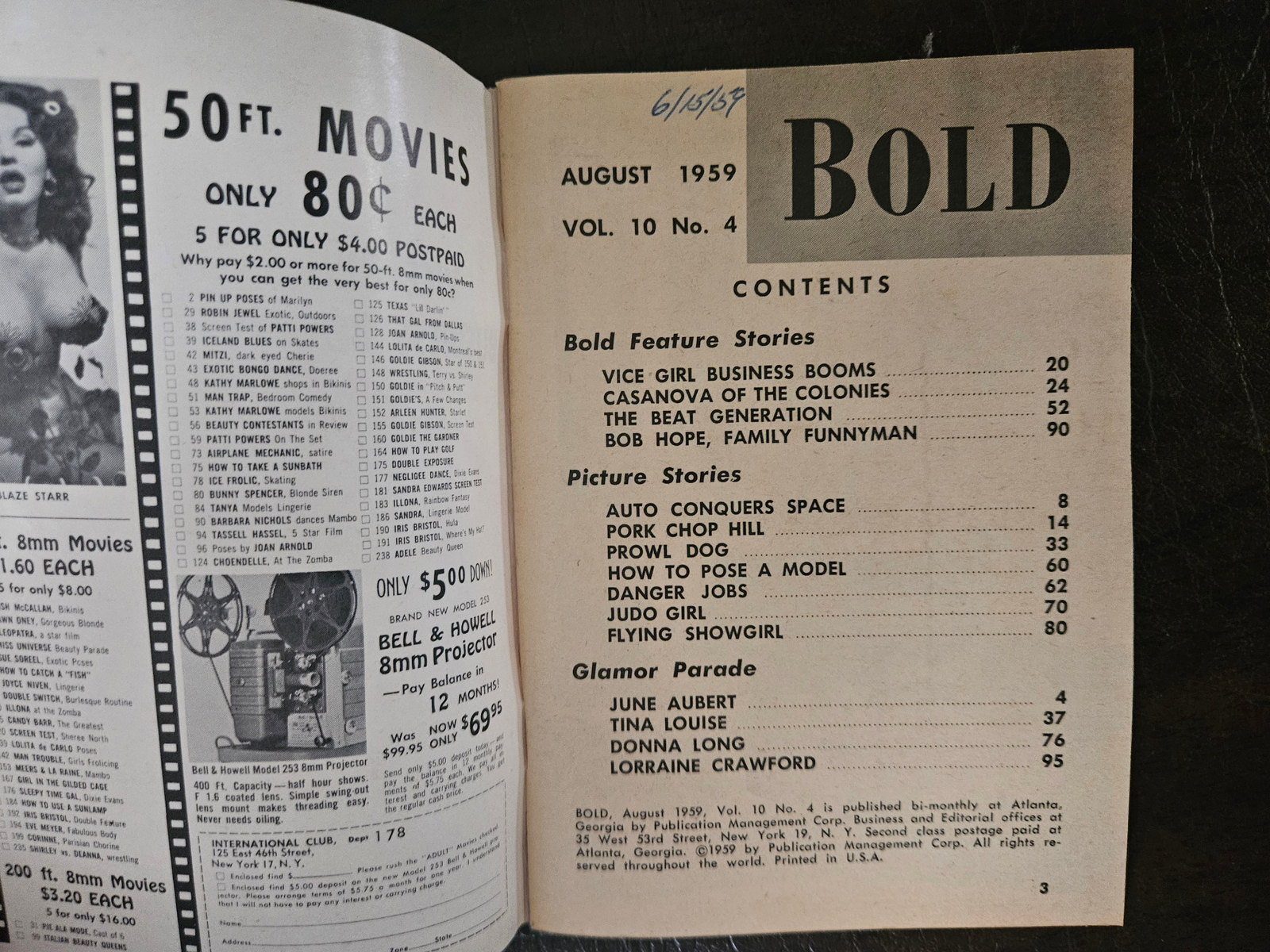 Bold magazine August 1959 pocket-size pin up Tina Louise Cyndee Maurice ...