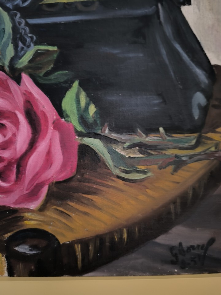 Oil On Cardboard Gabrielle Sorrel (20th) Still Life " Pink And Bag ...