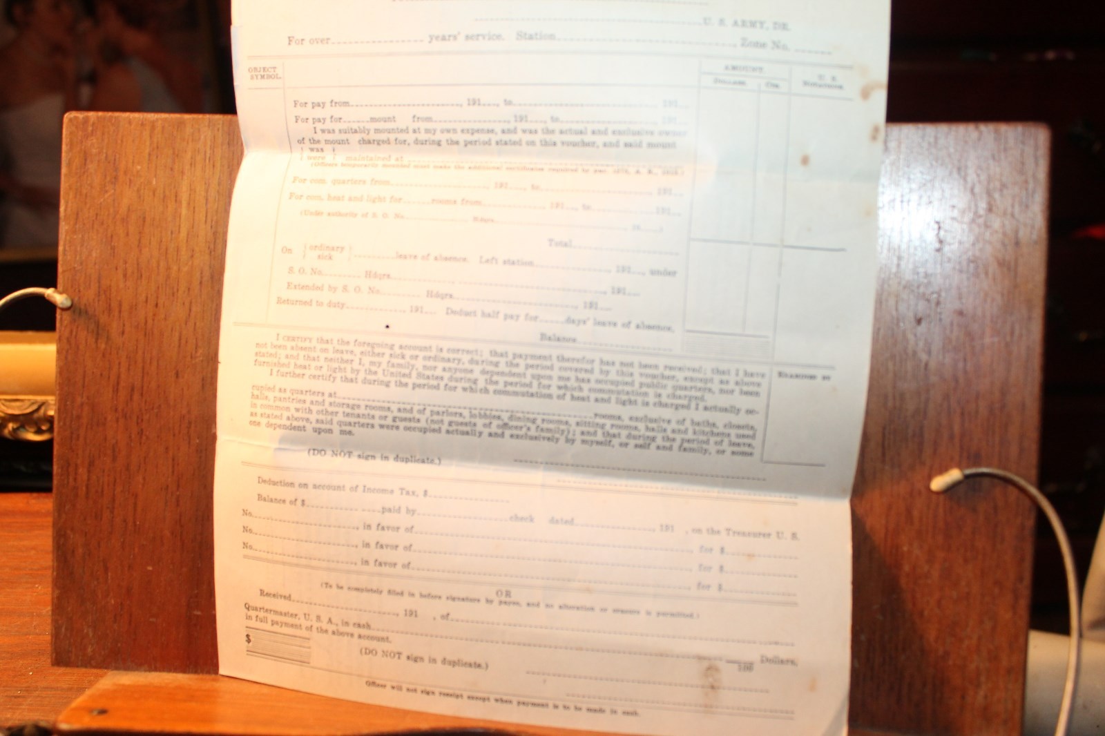 1915 Antique WWI Blank US War Department Blank Officer's Pay Voucher ...