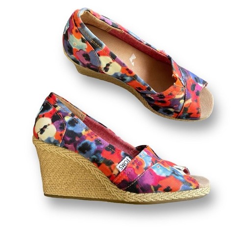 Toms Oahu Floral Braided Peep Toe Espadrille Platform Heeled Wedge ...