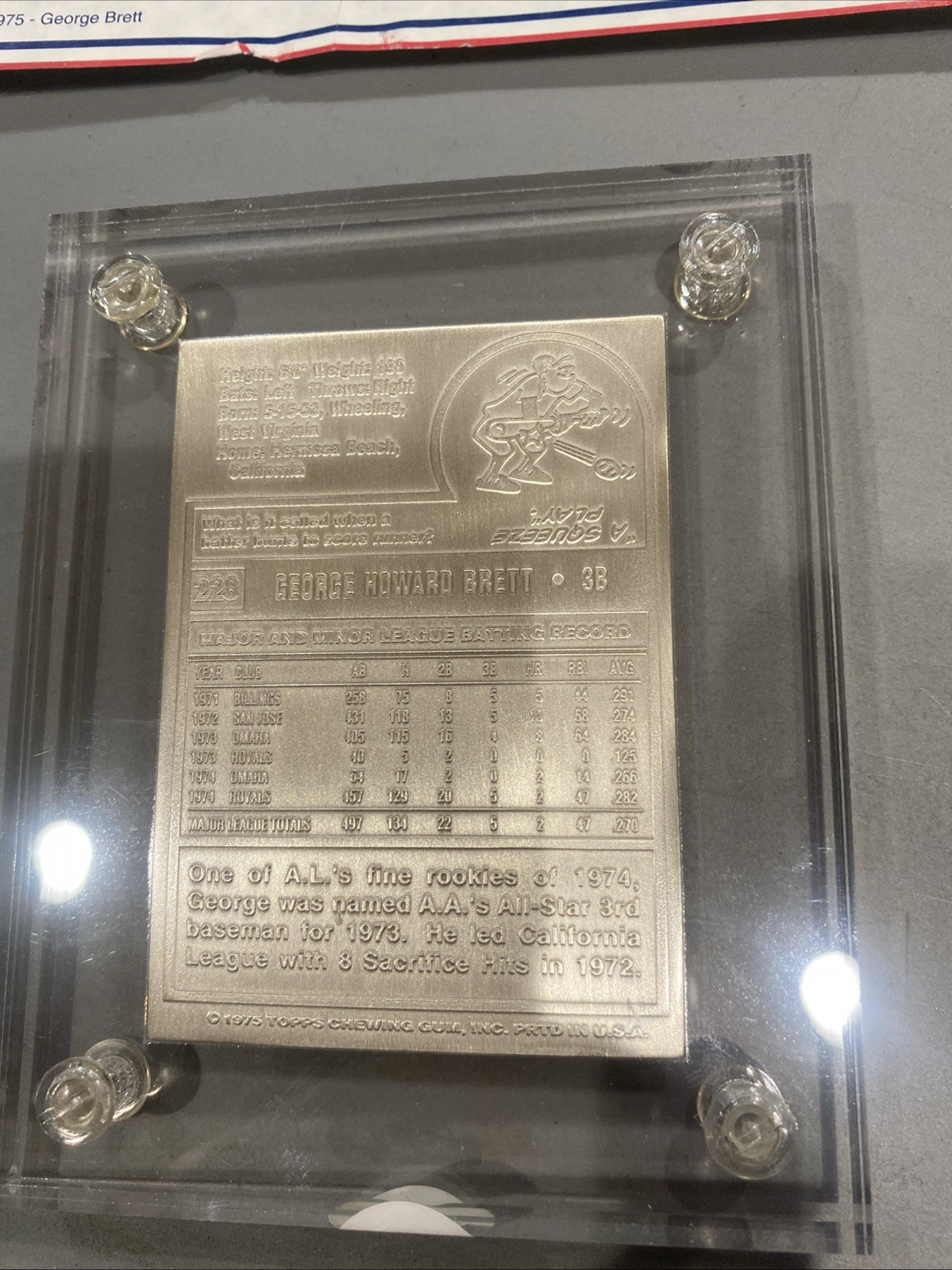 .999 SILVER GEORGE BRETT HIGHLAND MINT SILVER CARD 4.25 OZ NO OUTER ...