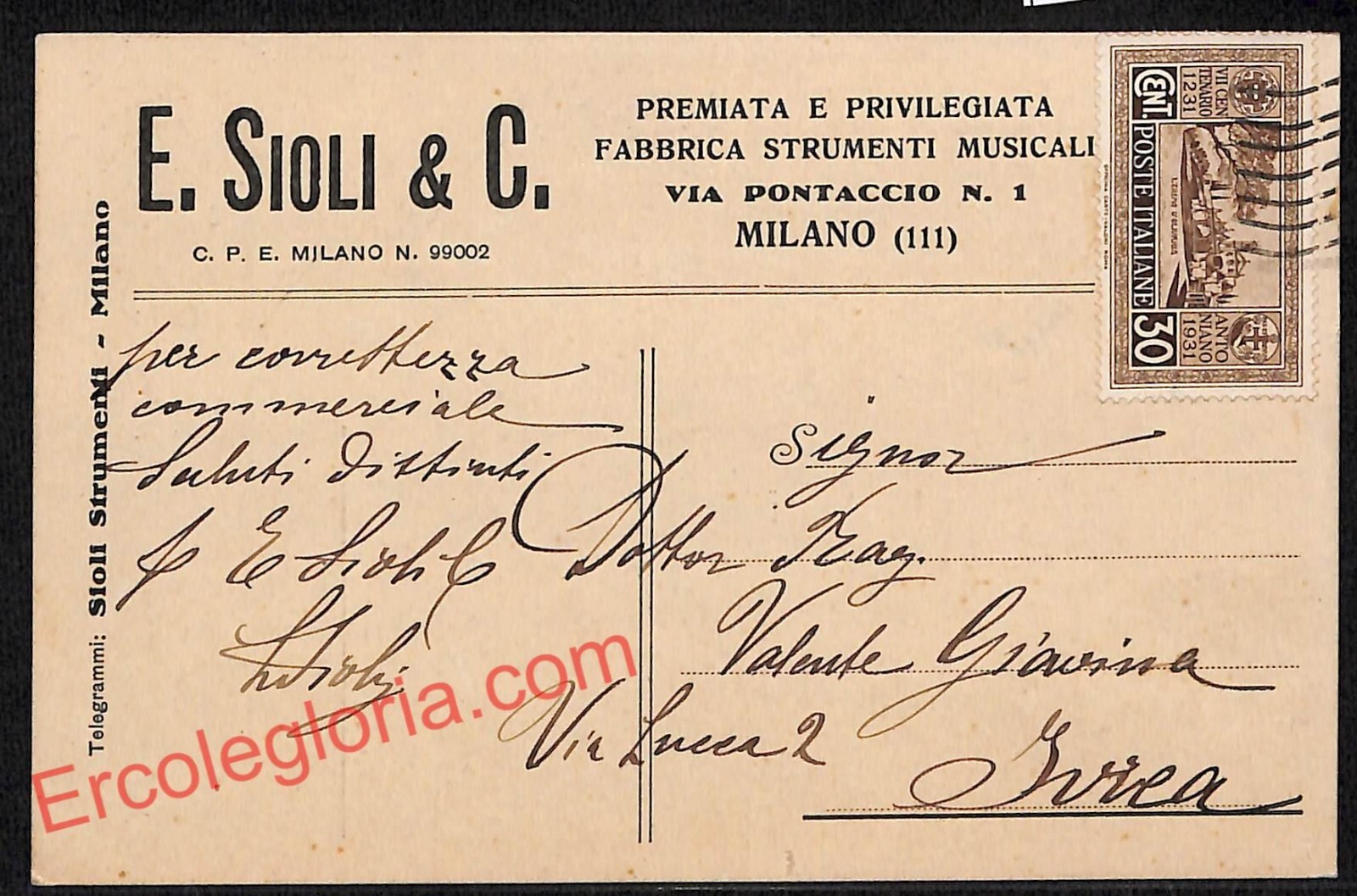 ag9214 - STORIA POSTALE - Milano Città - Fabbrica Strumenti Musicali | eBay