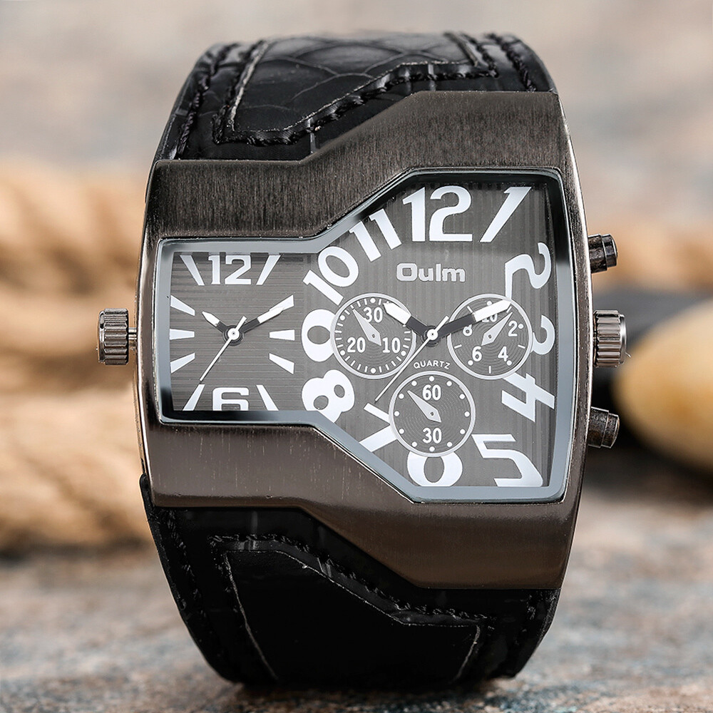 Oulm Men's Watch Unique Designer Dual Time Zone Steampunk Black Leather ...