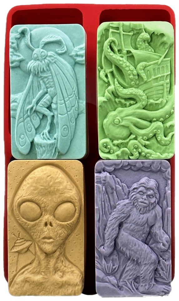 YETI SILICONE MOLD SET OF 4 DESIGNS FOR SOAP MAKING KRAKEN, MOTHMEN ...