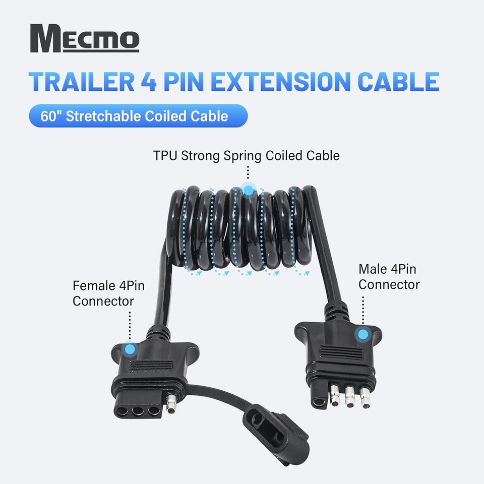 MECMO Trailer 4-Way Flat Wire Extension 5 Feet 60'' Stretchable Coiled ...