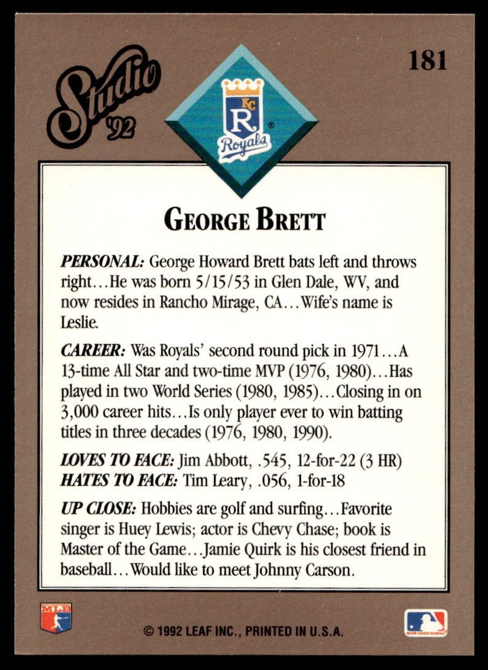 1992 Studio #181 George Brett Kansas City Royals | eBay