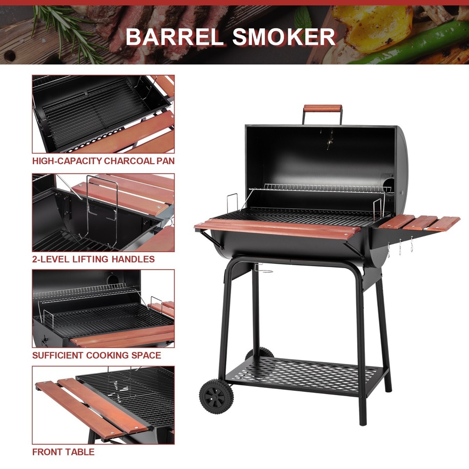 Royal Gourmet Barrel Charcoal Grill with Wood-Painted Side & Front ...