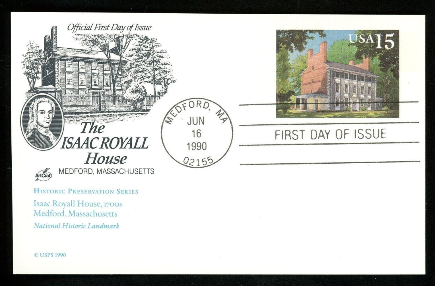 #UX148 ISAAC ROYALL HOUSE MEDFORD MASS 1990 ARTCRAFT CACHET FIRST DAY ...