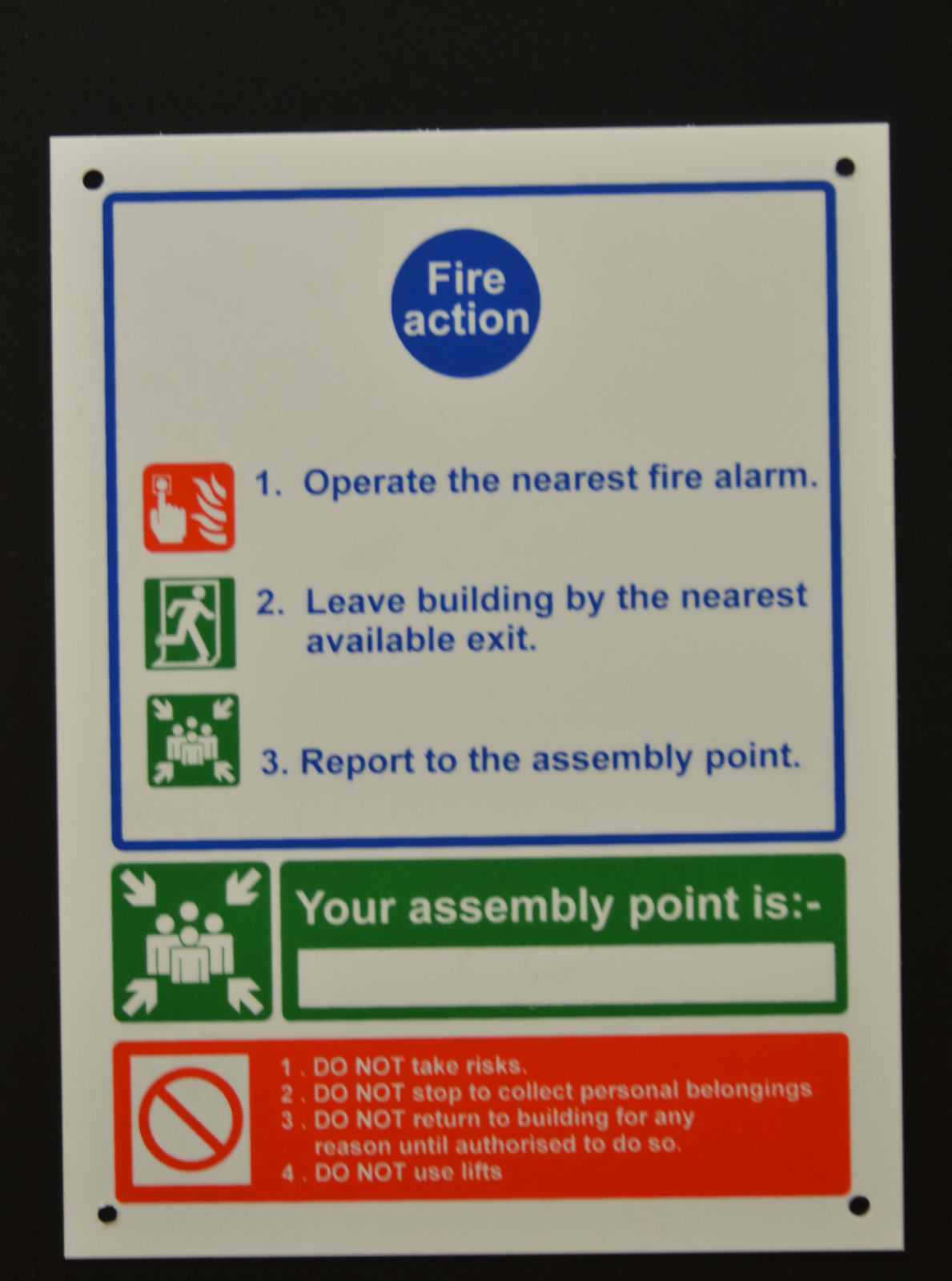 Fire Action Fire Alarm Assembly Point Do Not Take Risks Sign Or Sticker ...