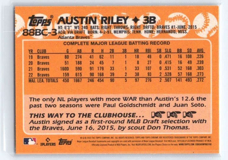 2023 Topps Chrome Austin Riley #88BC-3 1988 Anniversary Atlanta Braves ...