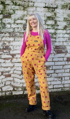 Run And Fly Stretch Twill Gold Pink Star Unisex Baggy Dungarees ...