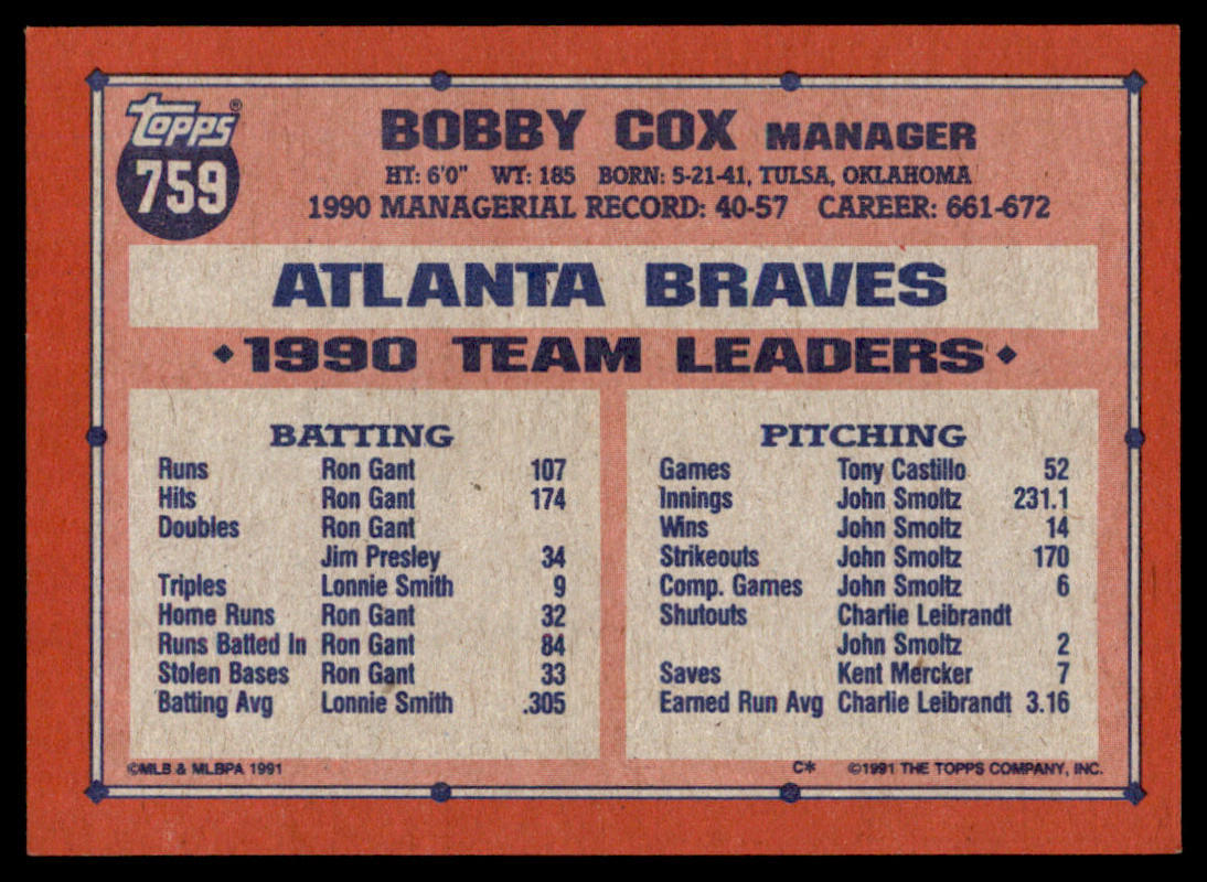 1991 Topps #759 Bobby Cox MGR HOF | eBay