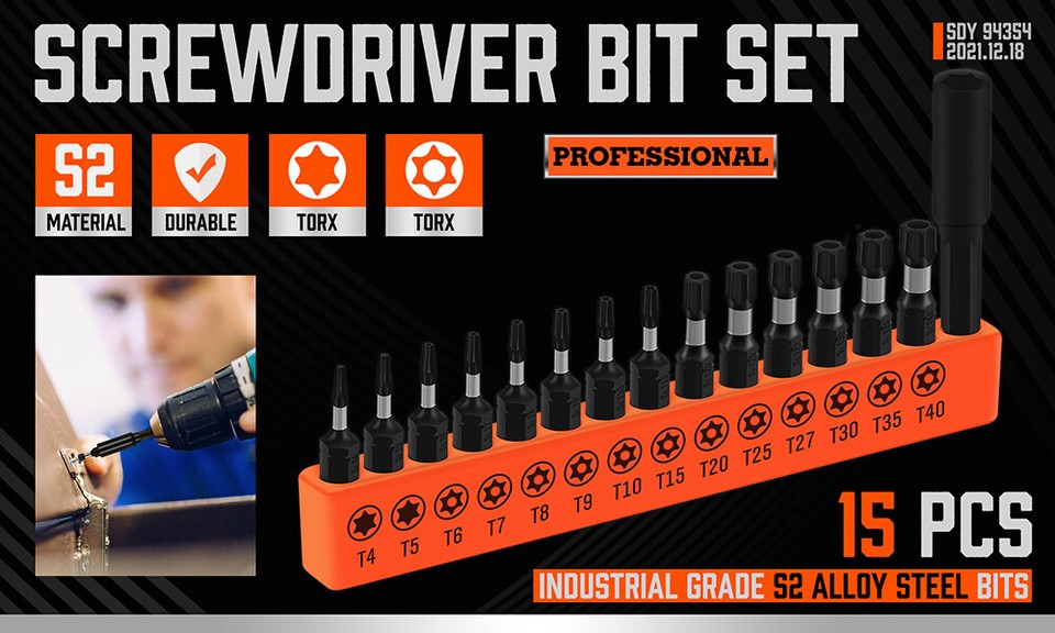 15Pc Impact Rated Security Torx Bit Set Tamper Resistant 1/4" Magnetic ...