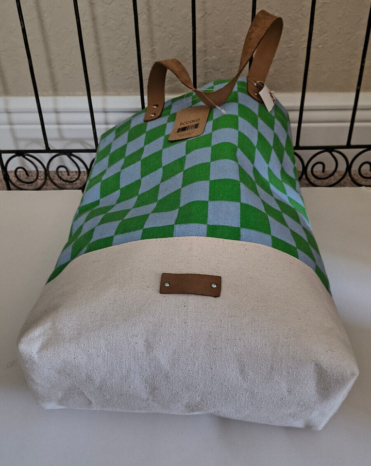 ECCOLO CANVAS TOTE Leather Handles Checkered Blue Green Beachy UNISEX ...