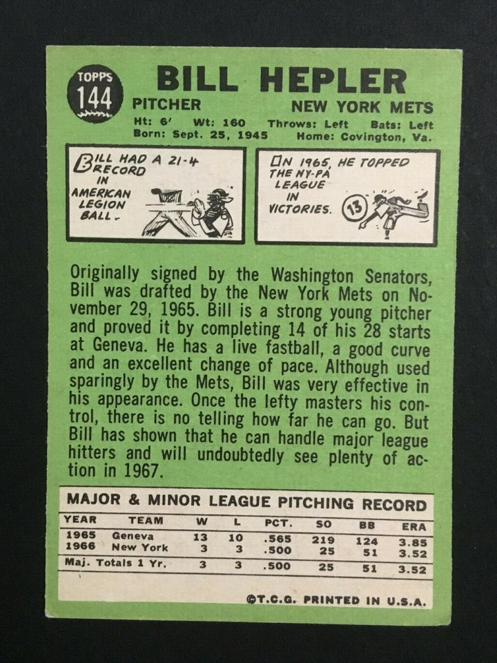 Bill Hepler Mets signed 1967 Topps baseball card #144 Auto Autograph ...