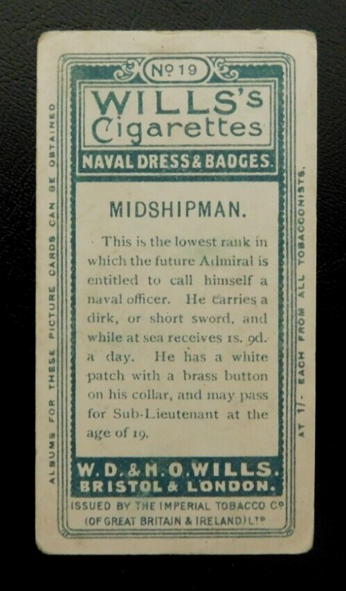1909 Wills Cigarette Card Royal Naval Dress & Badges #19 Midshipman ...