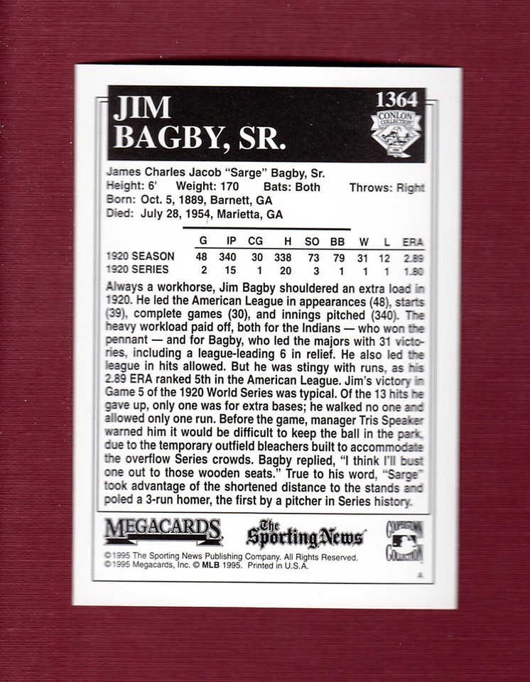 #1364 JIM BAGBY SR., Indians~1995 Megacards/Conlon Collection World ...