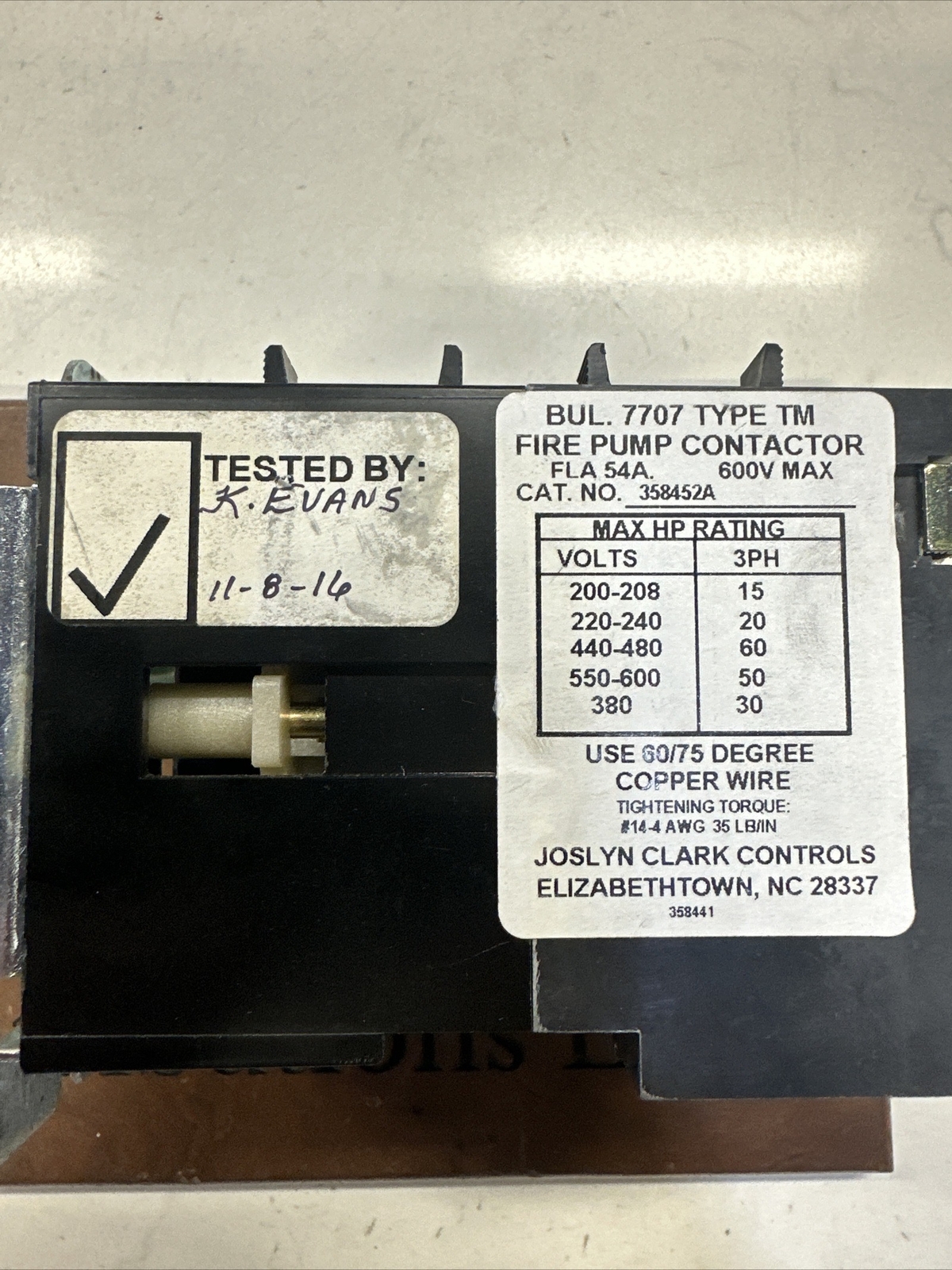 Joslyn Clark Fire Pump Contactor 54 Amp 358452A 600V 480V Coil New | eBay