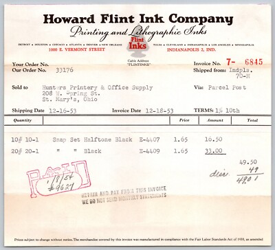 ANTIQUE LETTERHEAD/ HOWARD FLINT INK CO INDIANAPOLIS IND 1953 | eBay