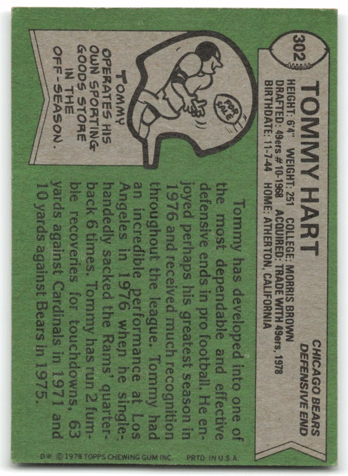 1978 Topps #302 Tommy Hart Chicago Bears 3AR | eBay