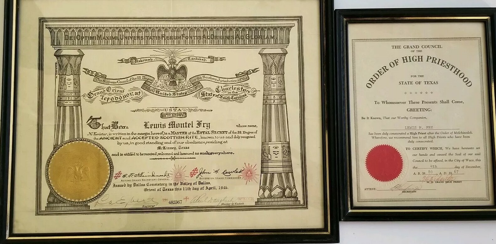 1945 Scottish Rite Masonic Certificates Of Receiving 32 Degree ...