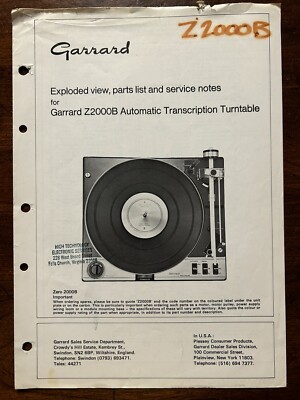 Garrard Model Z2000B Exploded View OEM Service Manual Notes Genuine | eBay