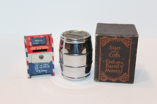 2 VINTAGE COIN BANKS Barrel ALLIANCE OHIO BUILDING & tin litho MAILBOX ...