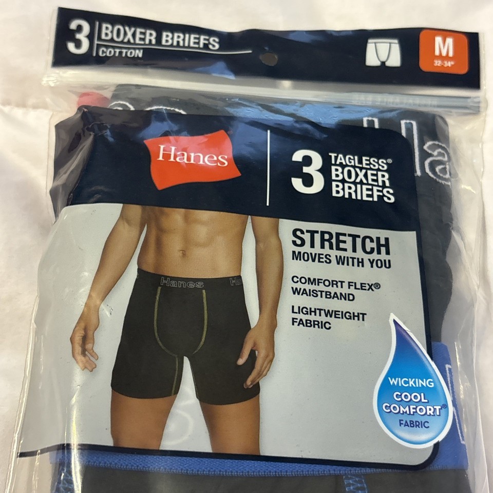 NEW HANES MEN’S TAGLESS BOXER BRIEFS STRETCH COOL COMFORT 3-PACK SZ M ...