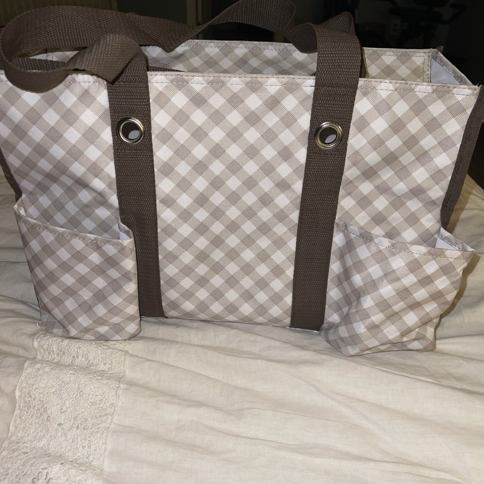 Thirty-One Zip Top Organizing Utility Tote Large Tan Gingham Pattern ...