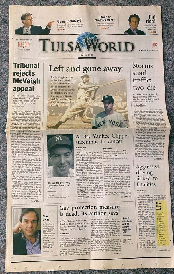 Joe DiMaggio - Tulsa World Newspaper - Death Notice Article - Full ...