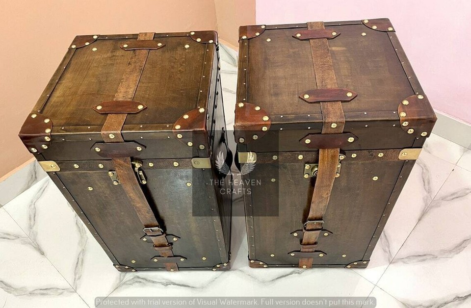 English Antique Leather Trunk Campaign Style Trunks Chests Side Table ...