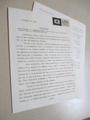 CBS TV show promo press kit 1954 bio papers (2) Dean MILLER December ...