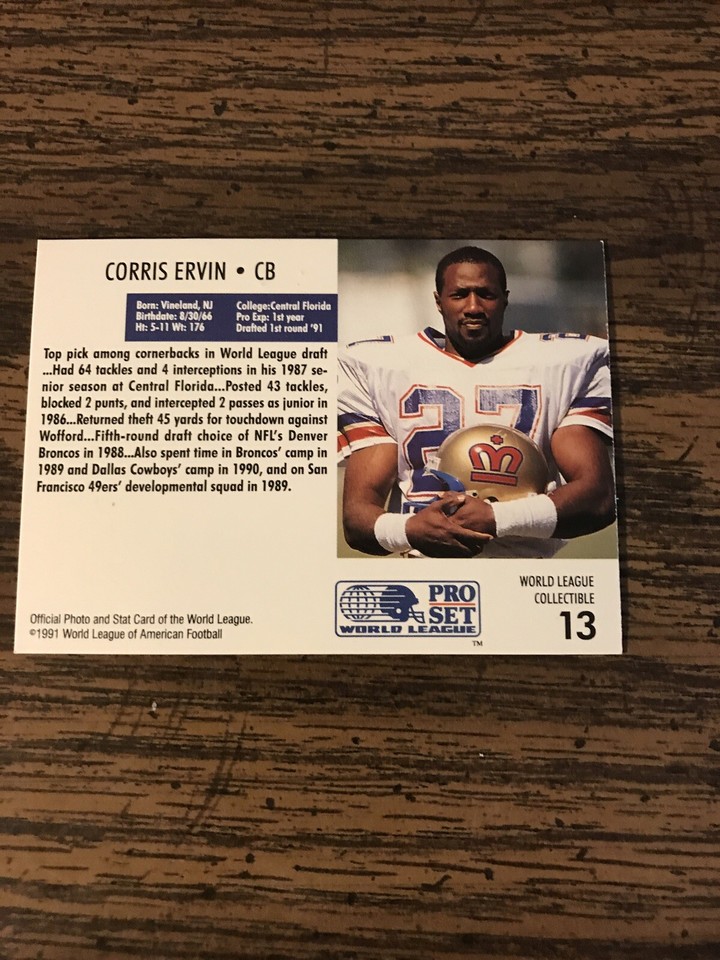 Corris Ervin, CB, London Monarchs, 1991World League Pro Set #13 | eBay