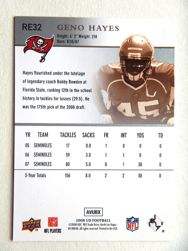 Geno Hayes #RE32 Upper Deck 2008 Football Card (Tampa Bay Buccaneers ...