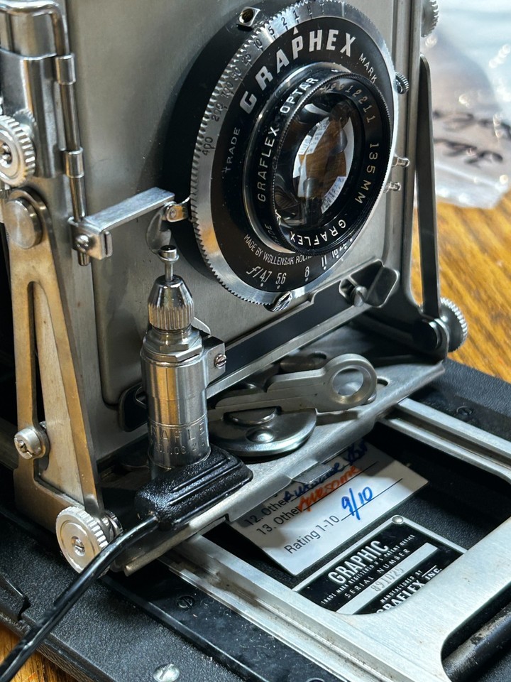 Graflex Crown Graphic 4x5 w/ Optar 135mm f/4.7, flash cords, 5 ...