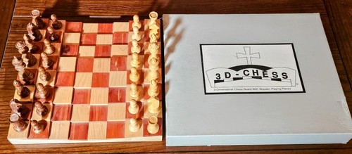 Vtg 3D Wooden Multi Level Chess Board & Pieces Complete Game Set w ...