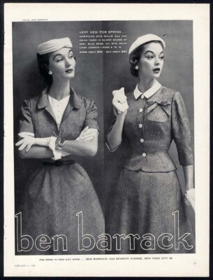 BEN BARRACK 1954 Fashion Ad Page Silk Tweed Dresses Suit JEAN PATCHETT ...