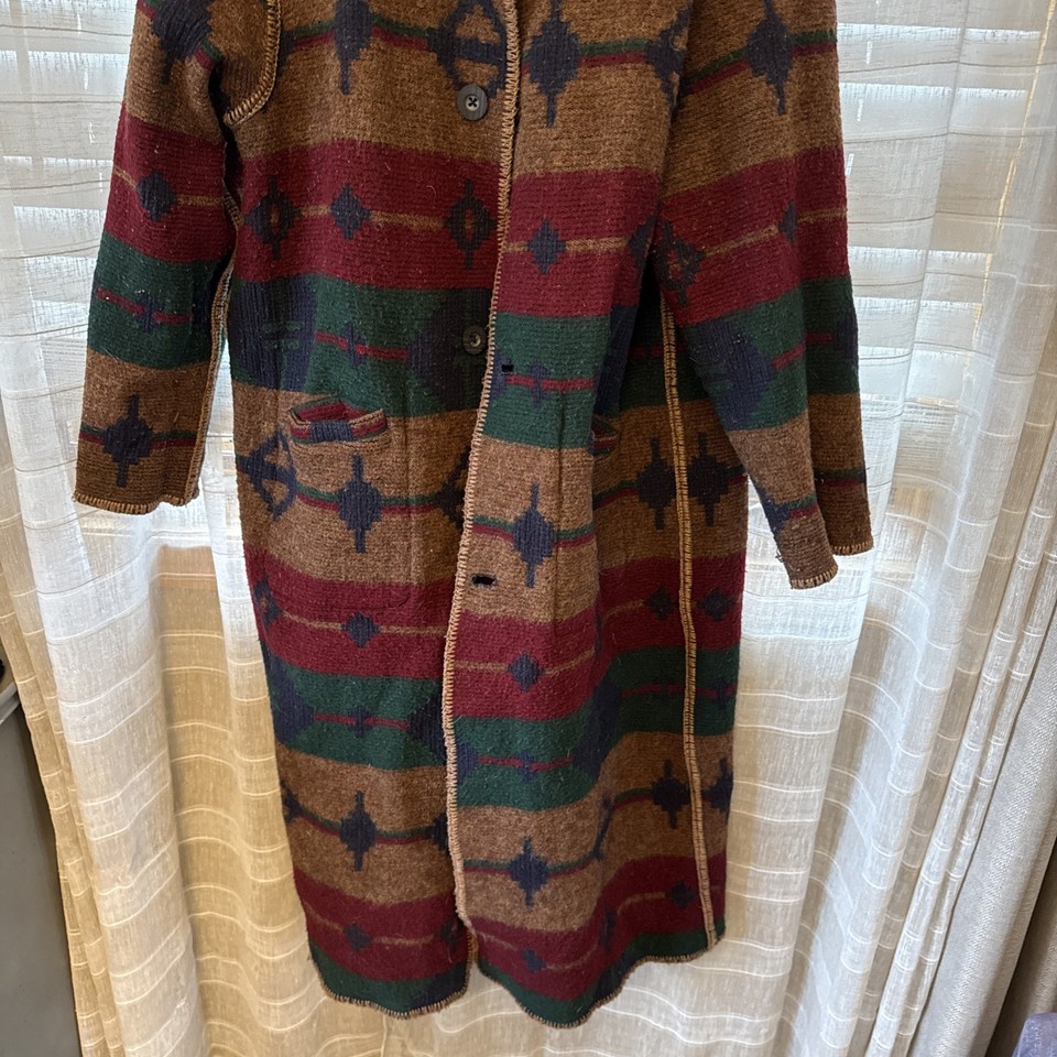 Woolrich Navajo Aztec Long Duster WOOL Sweater Blanket Coat REVERSIBLE ...