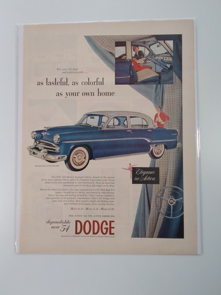 Dodge Print Ad Original Rare Vtg 1950s Car Blue Royal V8 Sedan Detroit ...