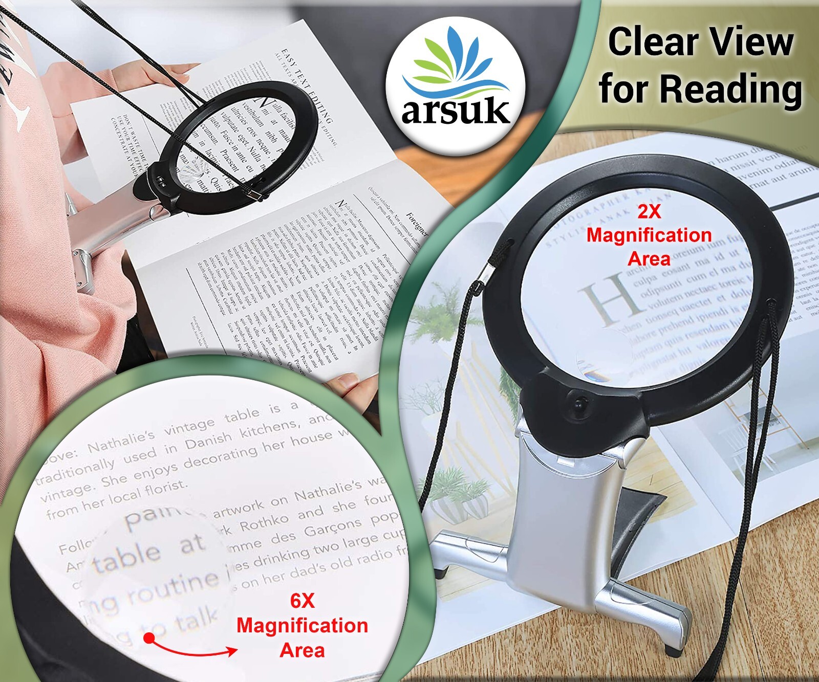 Large Magnifying Glass with Light Hands-Free Neck Hanging & Desk Stand ...
